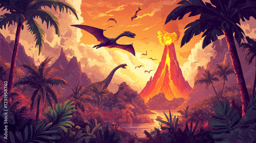 Open book with dinosaurs on jungle landscape. Vector cartoon ...