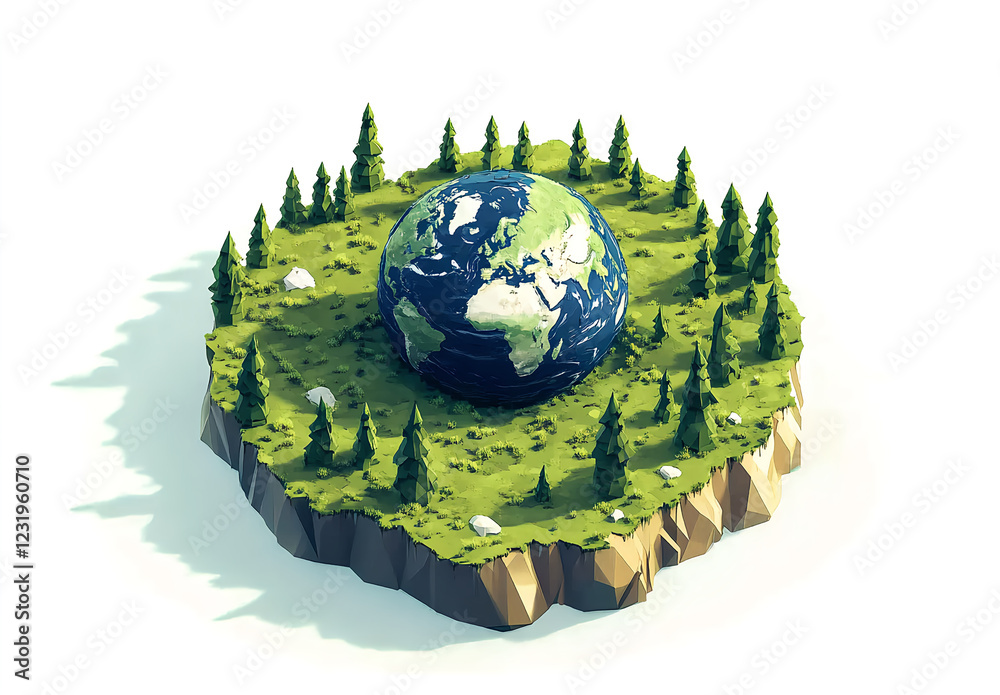 3d isometric illustration of green trees and planet earth on white ...