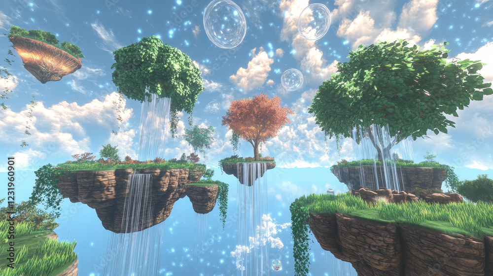 Game background with fantasy landscape with floating islands and items ...