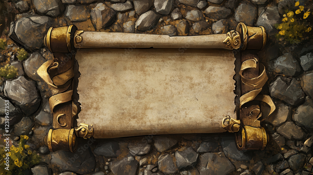 Parchment scroll and long ribbon with empty space for text. Magic game ui icons and assets of ...