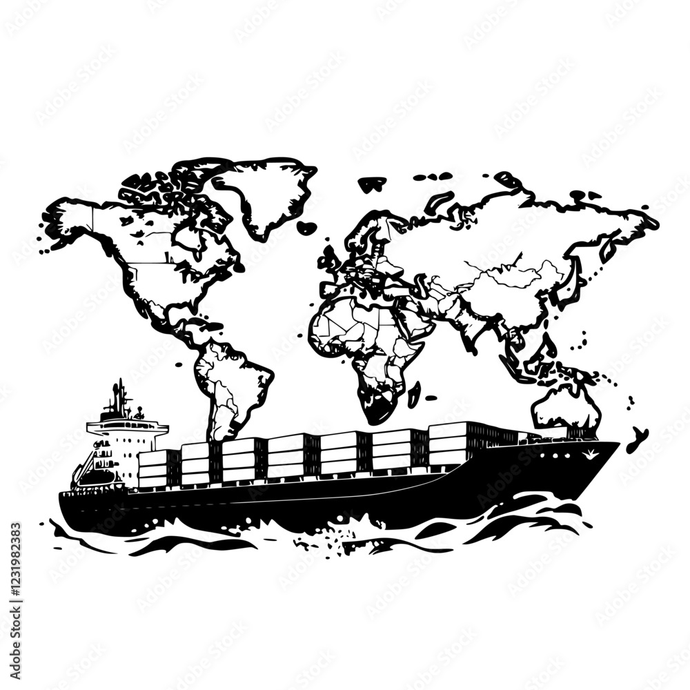Shipping container vessel sailing across the world map showcasing ...