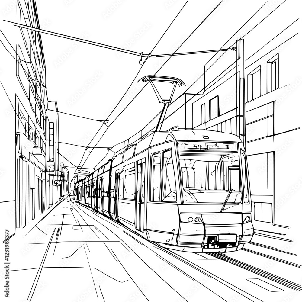 Urban tram moving along a city street with buildings and electrical ...