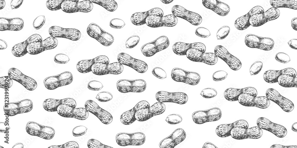 Seamless pattern with pile of peanuts in shells in sketch style. Black ...