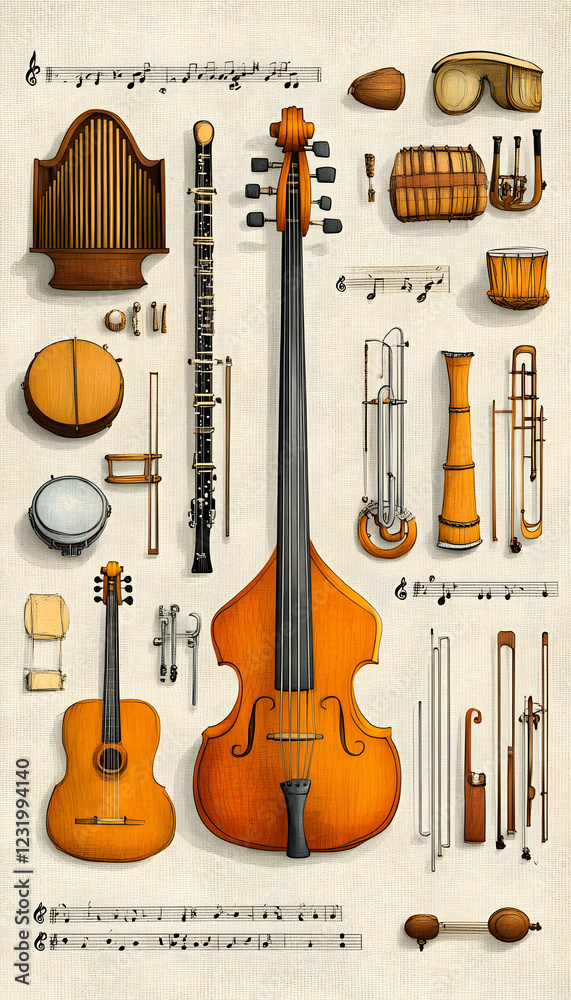Orchestral instruments collection; musical instruments displayed ...