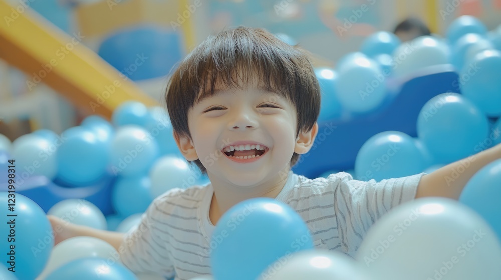 Cheerful cute asian child immersed in sea of plastic white balls, pure ...