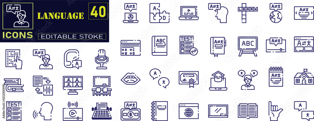 Set of outline linguistics icons. Minimalist thin linear web icon set ...
