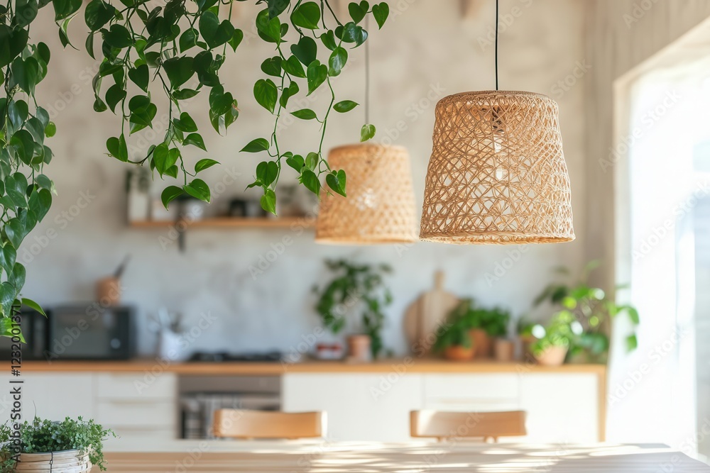 contemporary open-plan kitchen featuring natural rattan pendant lights ...