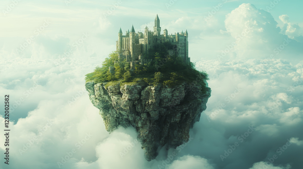 Fantasy castle on floating island in sky cartoon landscape. Magic ...