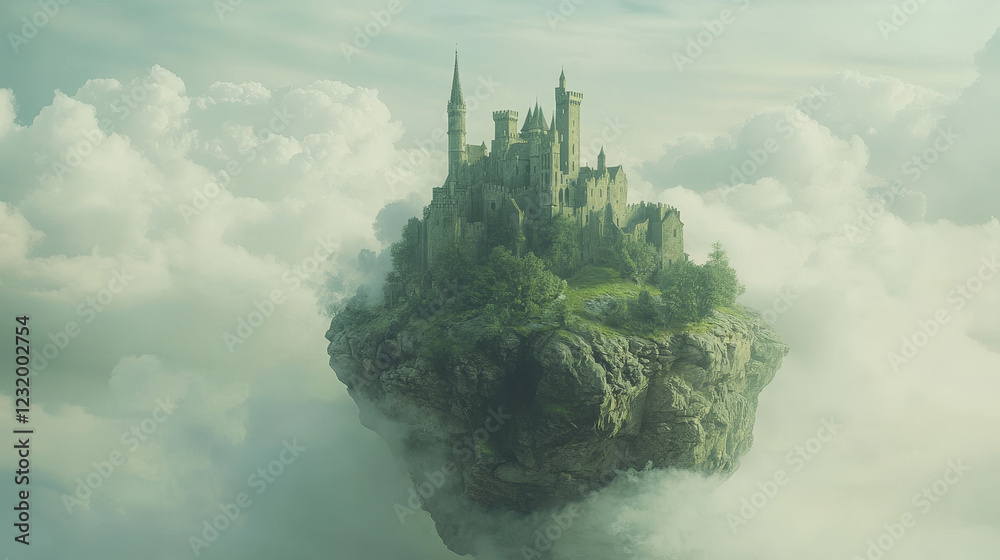 Fantasy castle on floating island in sky cartoon landscape. Magic ...