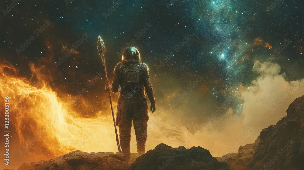 Astronaut on alien planet in far galaxy. Cosmonaut in suit and helmet ...