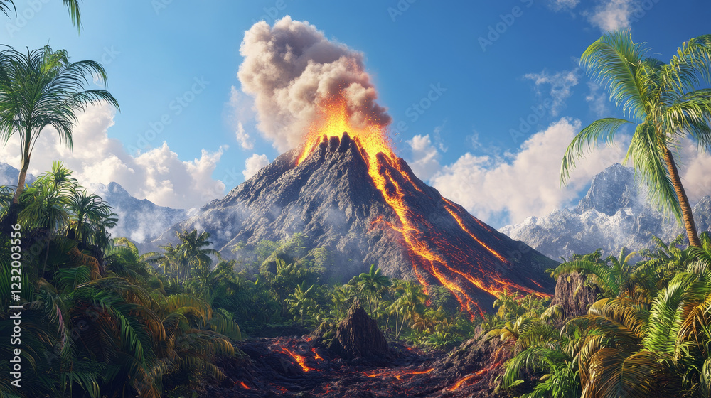 Prehistoric landscape with volcano eruption. Vector cartoon ...