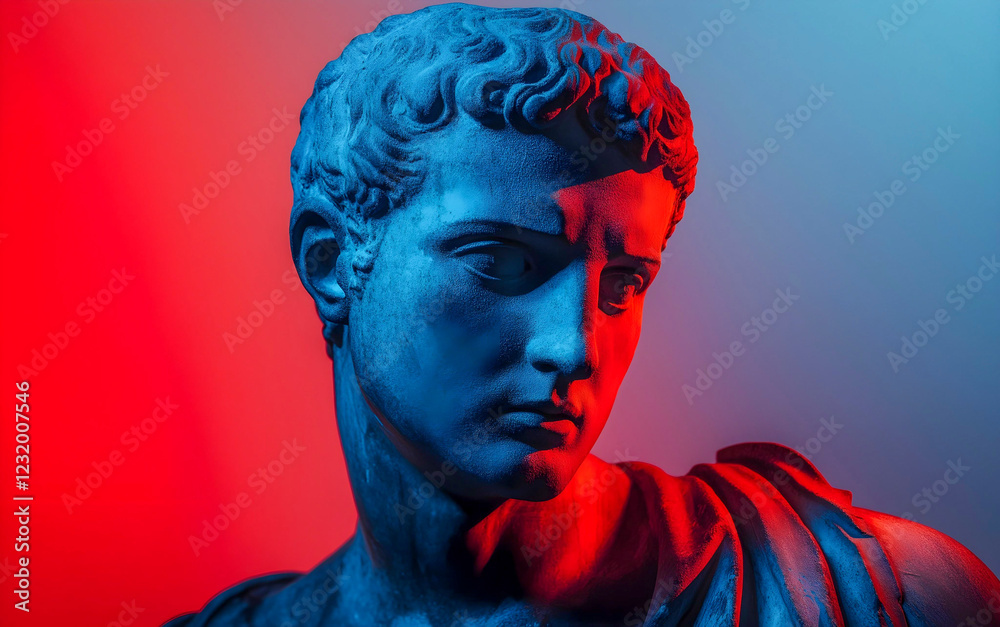 Greek statue with modern color lights. Studio portrait of greek statue ...