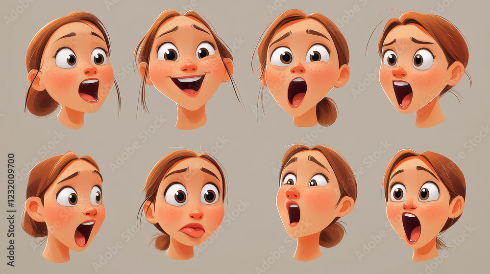 Kid mouth animation sprite sheet. Girl face expression and lips poses ...