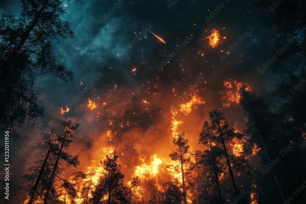 devastating forest inferno with falling meteorite, apocalyptic scene of ...