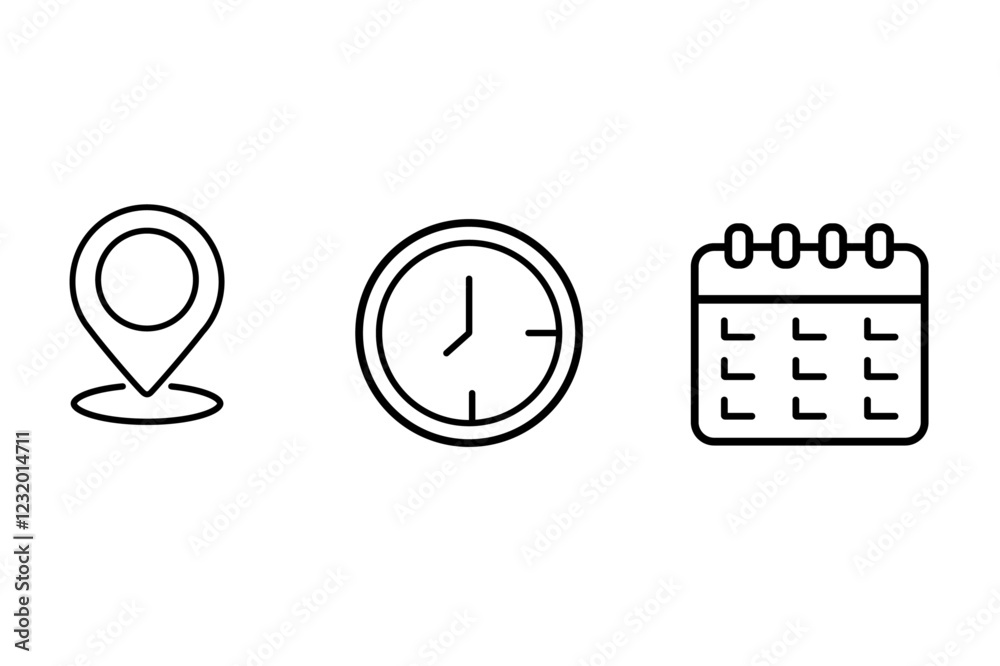 Time, date and address icon set. Calendar, clock, location. Editable stroke. Linear vector ...
