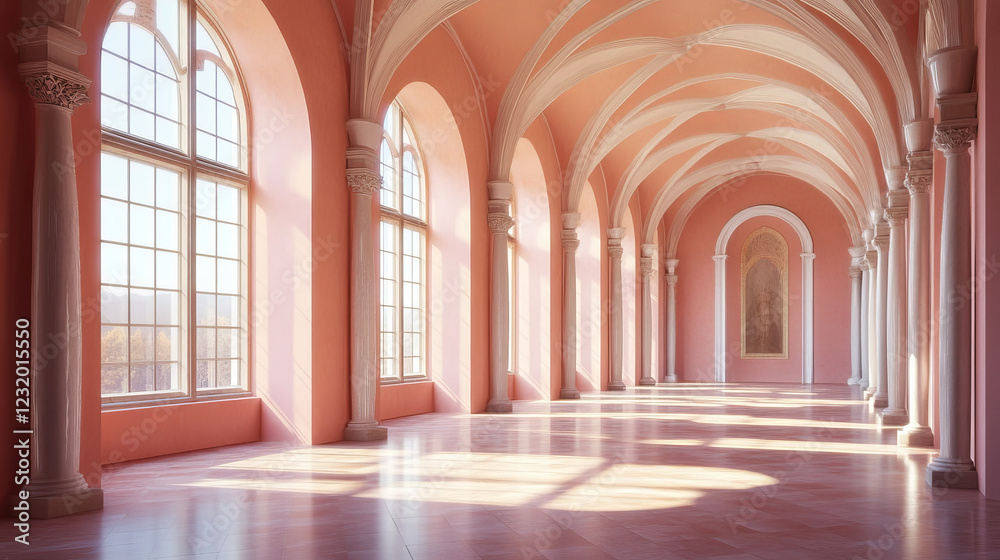 Pink medieval castle baroque ballroom interior with columns and arch ...
