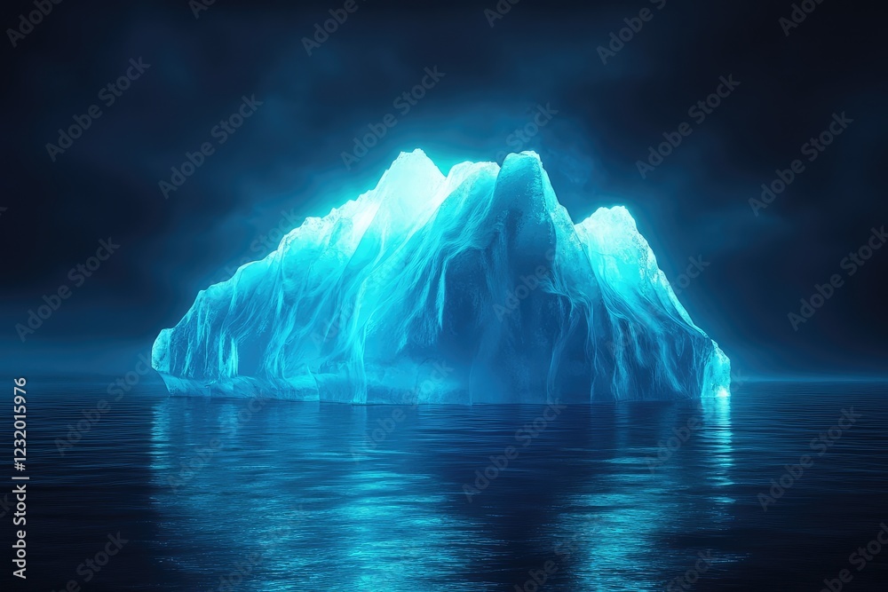 Crystal-clear iceberg floating in a dark, cold ocean, illuminated by a ...