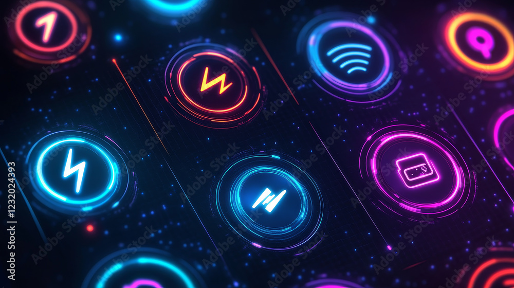 Neon green wireless charging icons set on dark background. Glowing ...