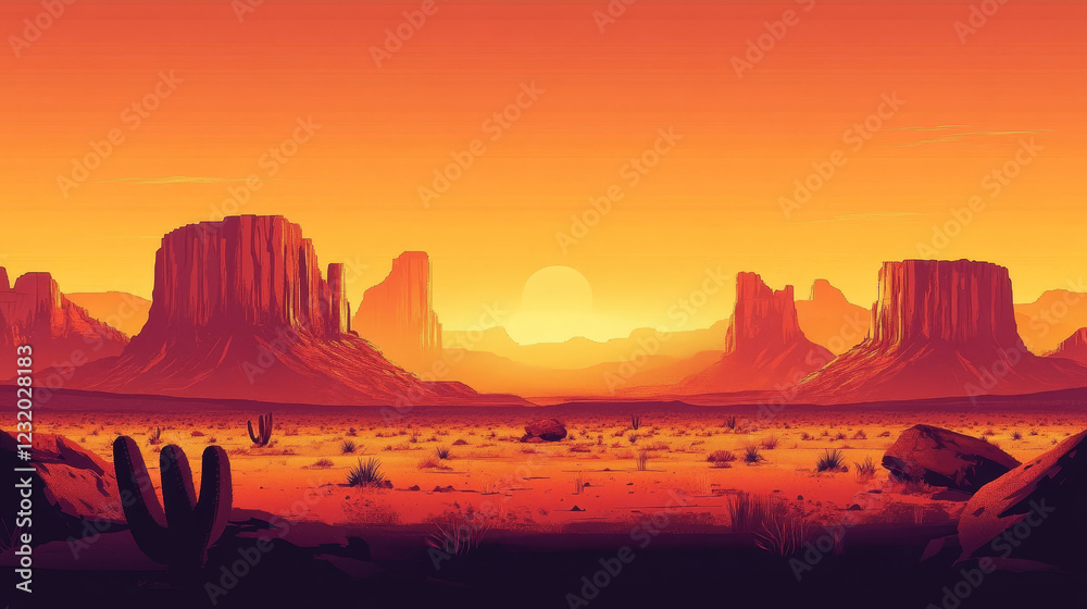 Sunset canyon background. Desert cartoon bg vector. Western mountain ...