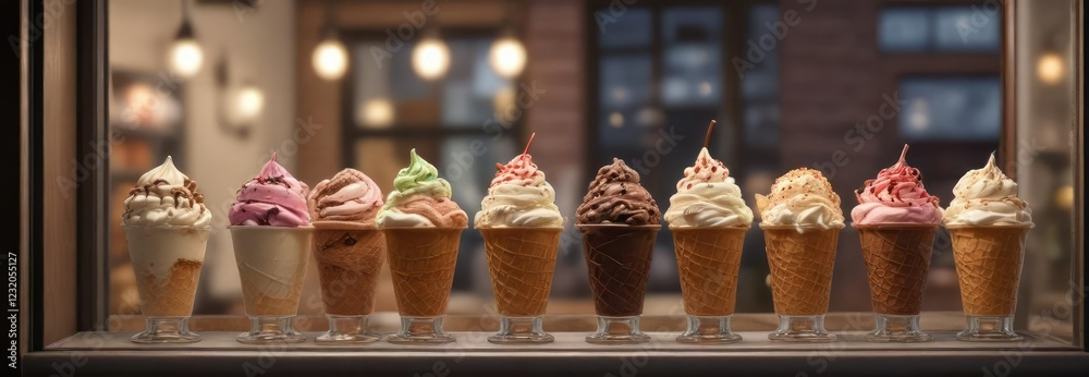 Delightful ice cream parlor window showcasing various flavors and ...