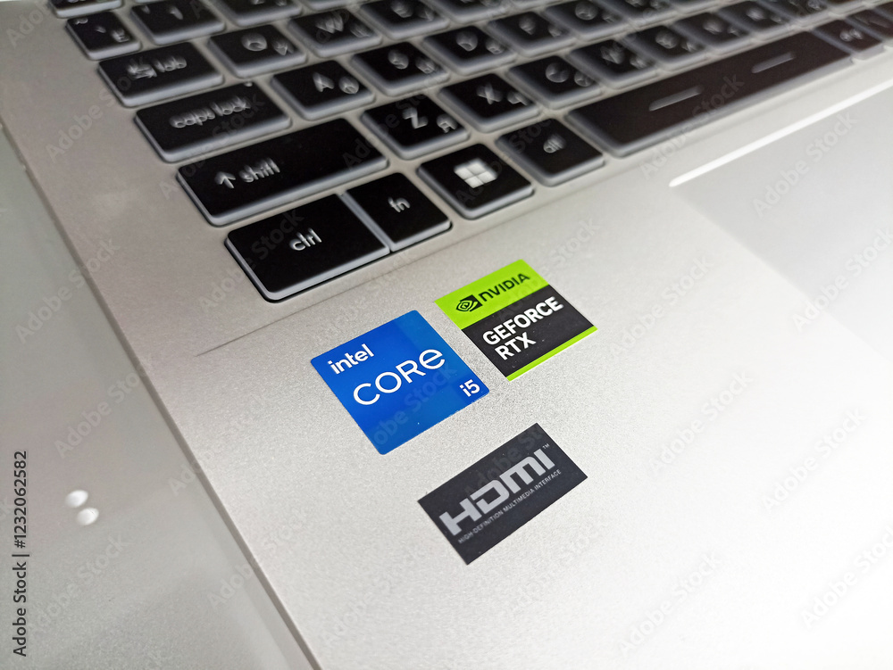 Laptop keyboard with intel core i5 geforce rtx and hdmi stickers Stock ...