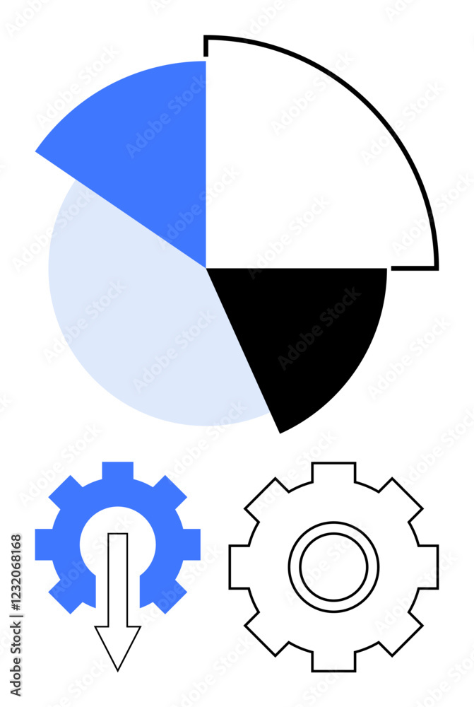 Segmented pie chart with gears and downward arrow symbolizing data analysis, workflow automation ...