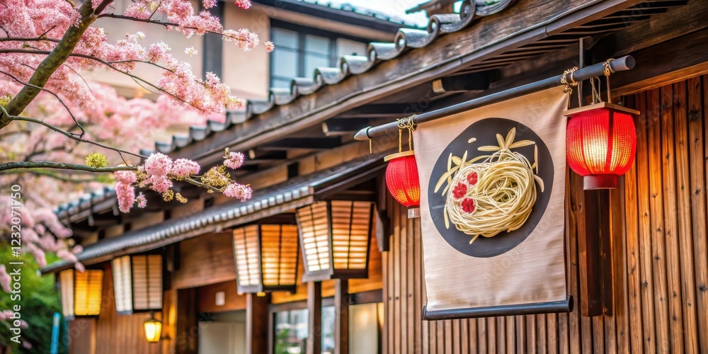 Traditional Japanese Soba noodle restaurant sign with kanji characters ...