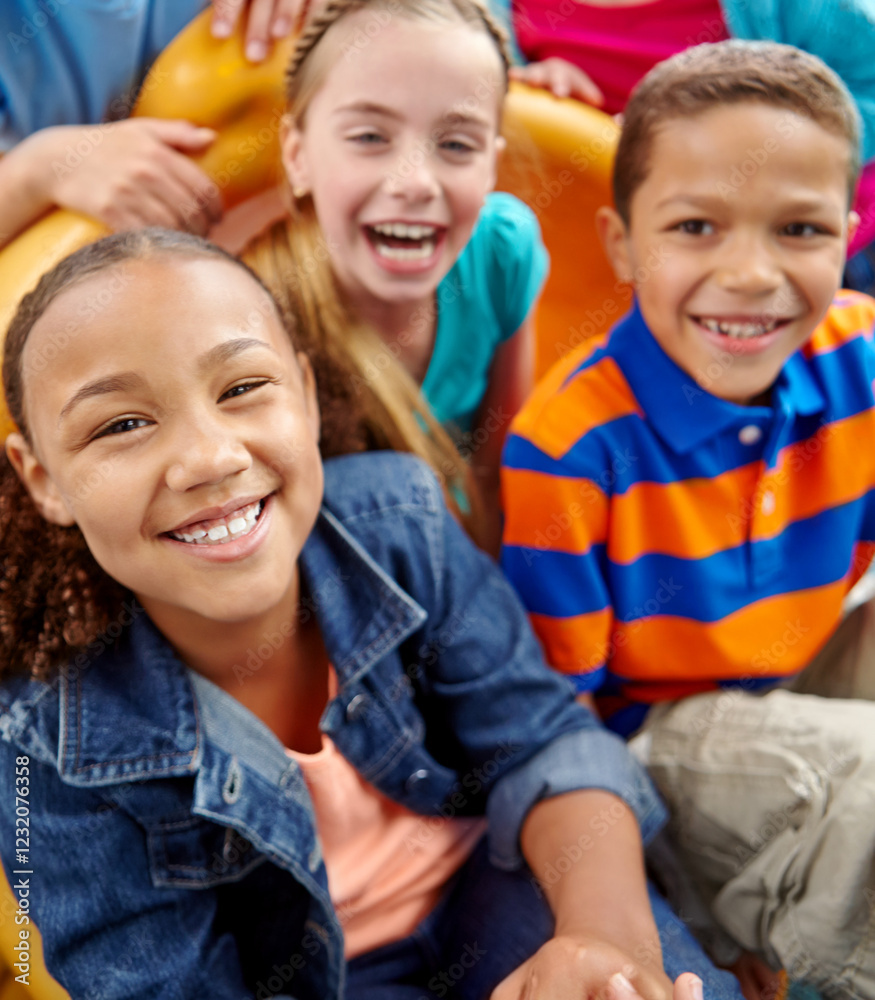 Children, slide and happy playground for friends, playing group and ...