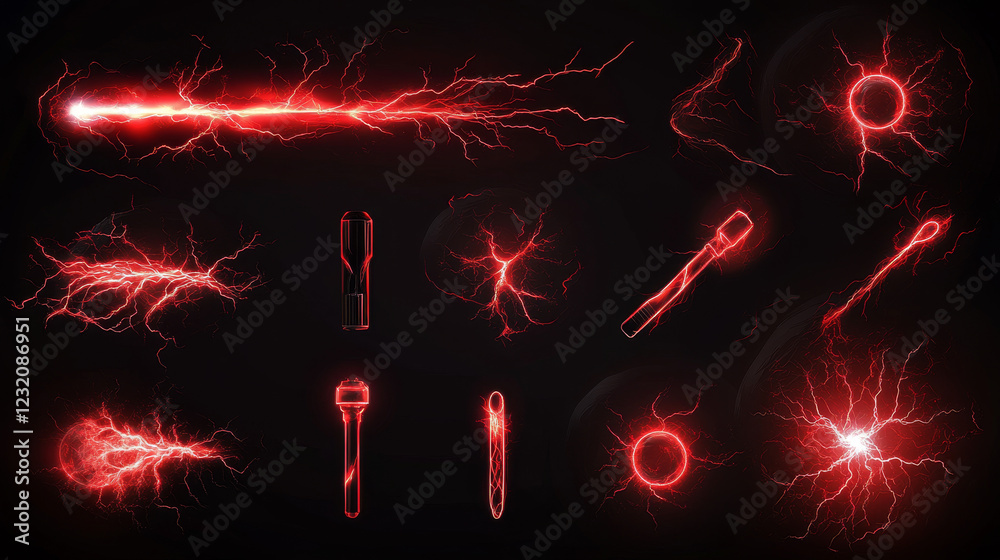 Cartoon set of red lightning strike effect isolated on black background ...