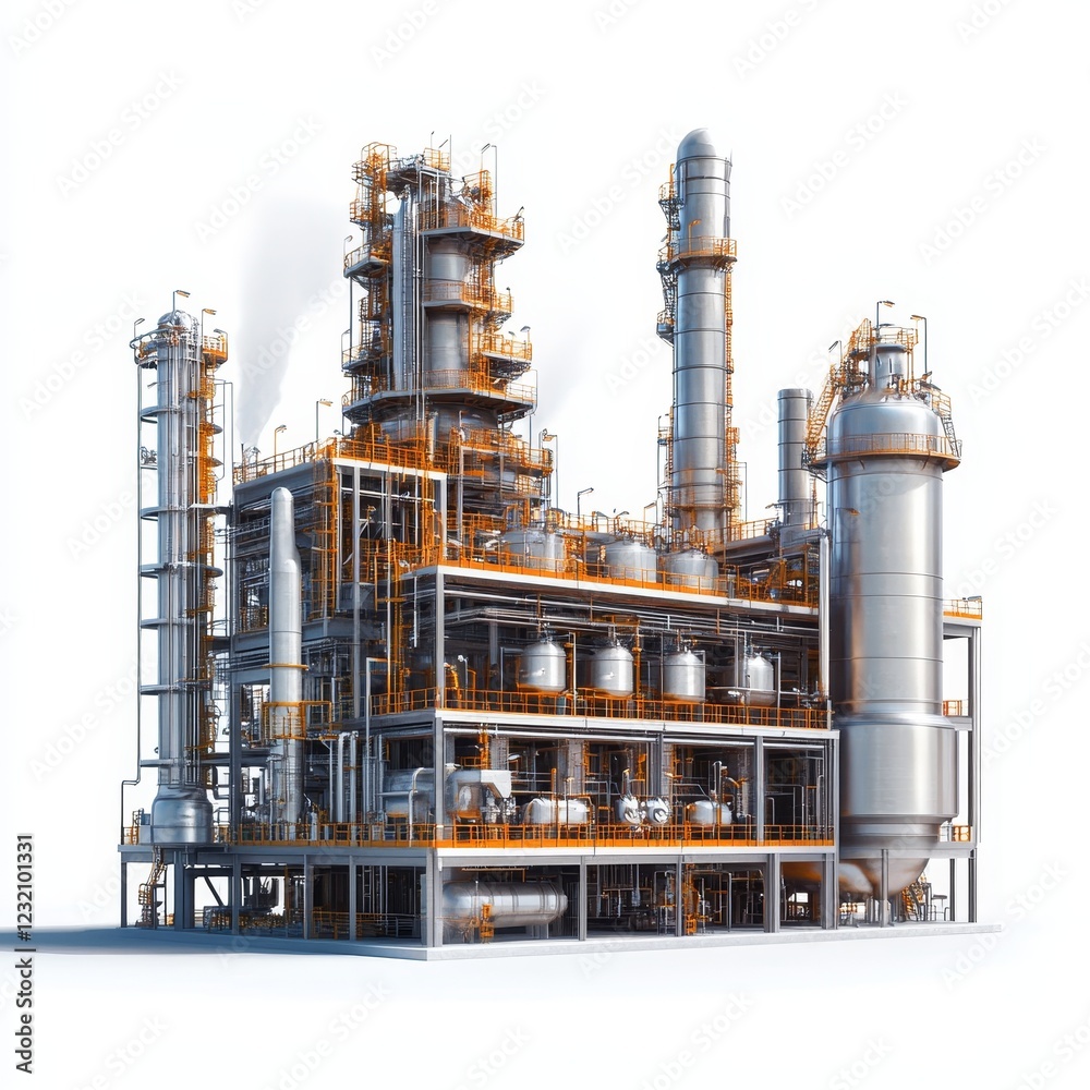Industrial refinery complex with distillation columns, reactors, and ...