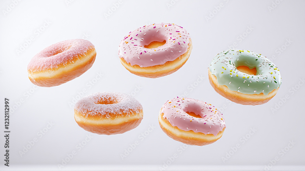 Floating donuts tumbling midair colorful glazed pastry soft fluffy ...