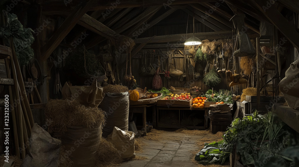 Farm barn inside with tools and crop at night. Cartoon vector ...