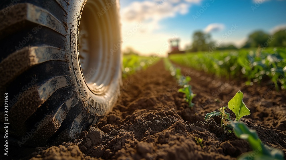 Tractor tires roll on dirt path in front of green field,modern ...