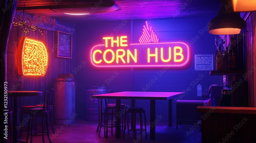 A neon sign 'THE CORN HUB' inside a retro American diner, illuminated ...