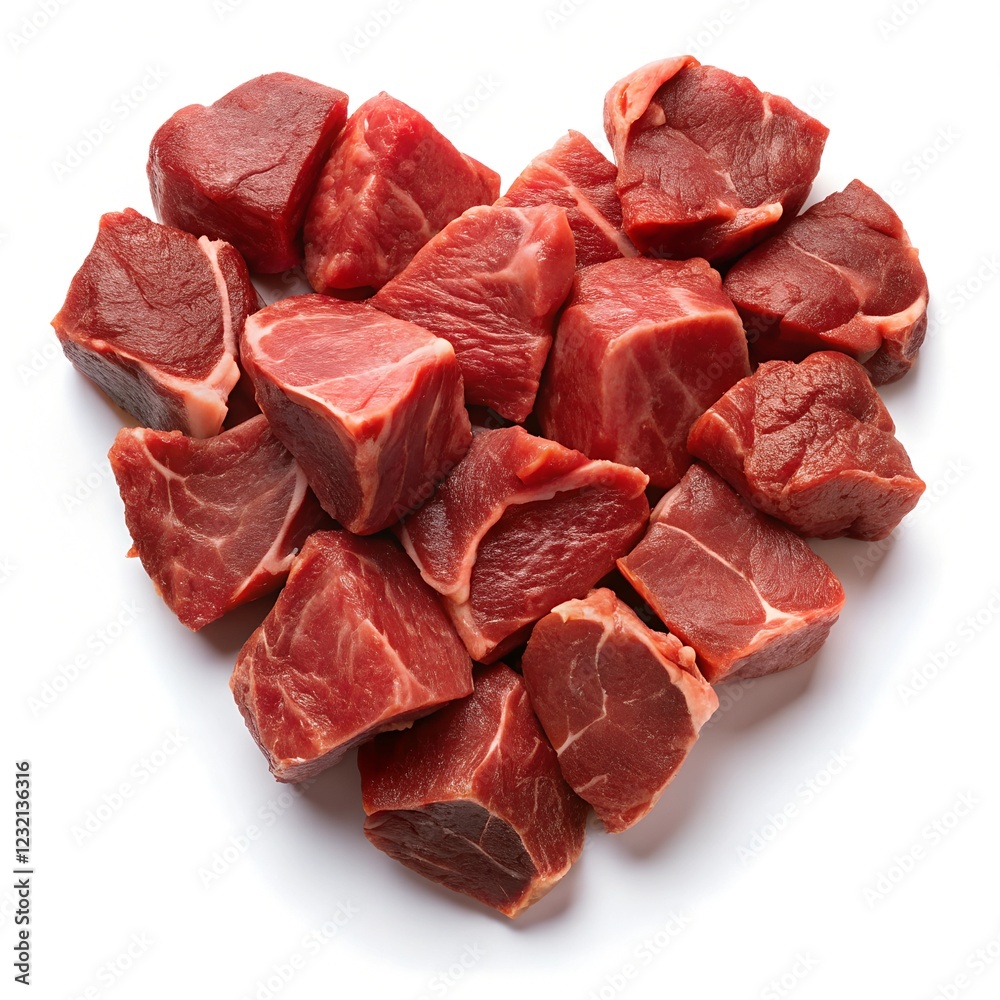 Heart shaped raw red meat chunks isolated on white background Stock ...