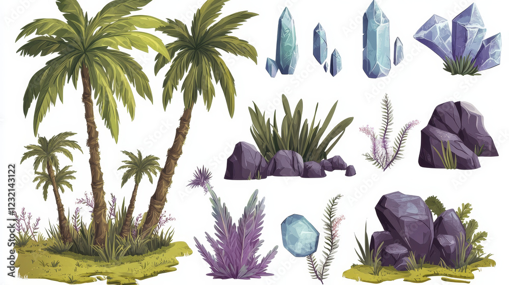 Game elements for level map ui design, islands with crystals, palm trees, green grass and rocks ...