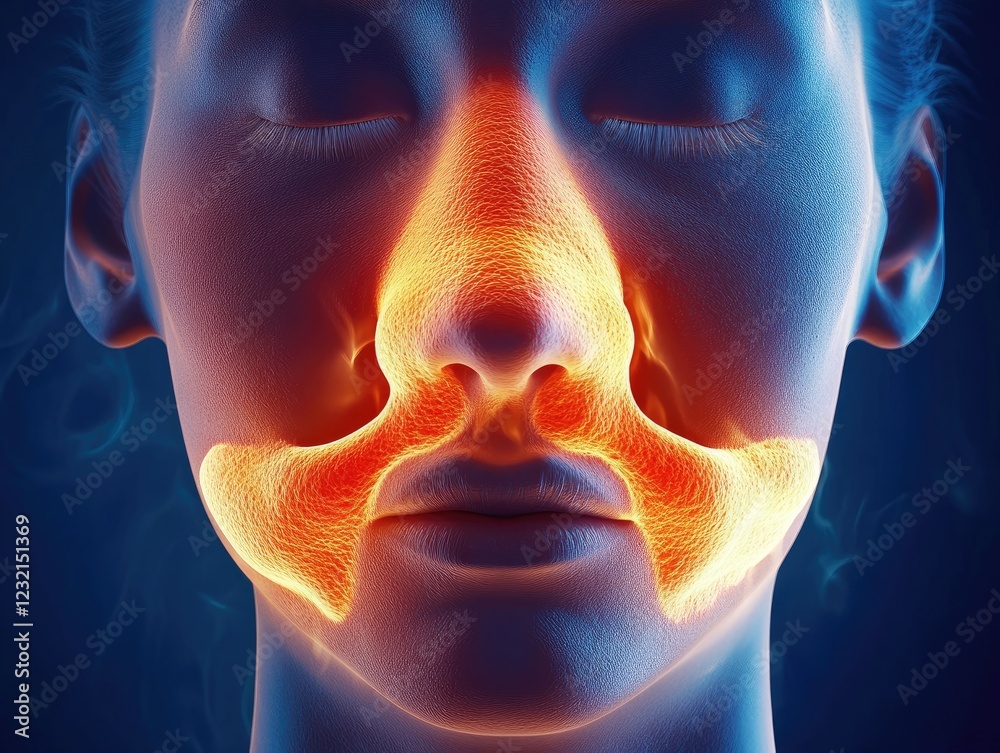 Anatomical illustration of facial bones and sinuses with glowing red ...