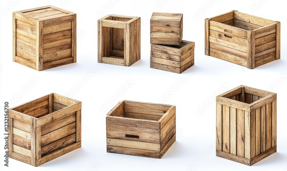 Eight empty wooden crates isolated on white background, various sizes ...