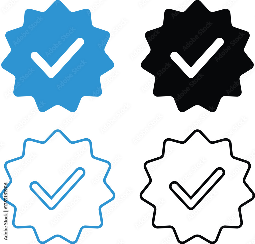 Verified tick badge icon set isolated on transparent background. Social ...