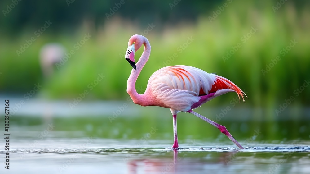 Beautiful flamingos walking in the water with green grasses background ...