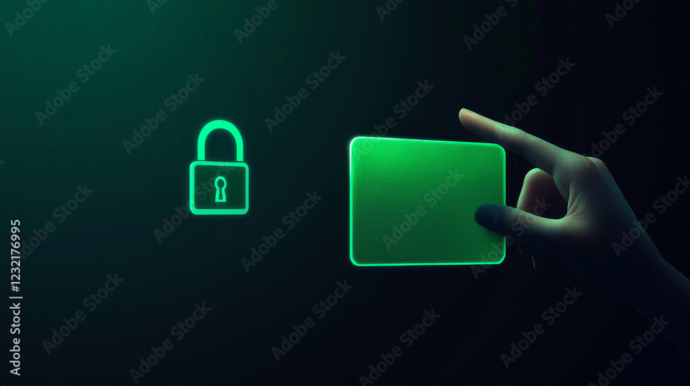 3D illustration of hand cursor pointing at green password bar with lock ...