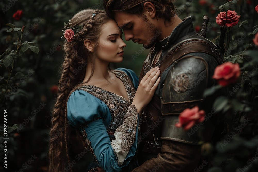 cinematic photo of a romantic couple in a lush garden setting, a woman ...