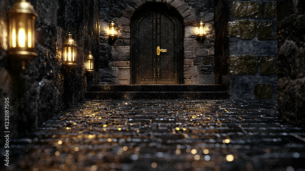 Dark stone pathway, castle door, lanterns, fantasy setting, game ...