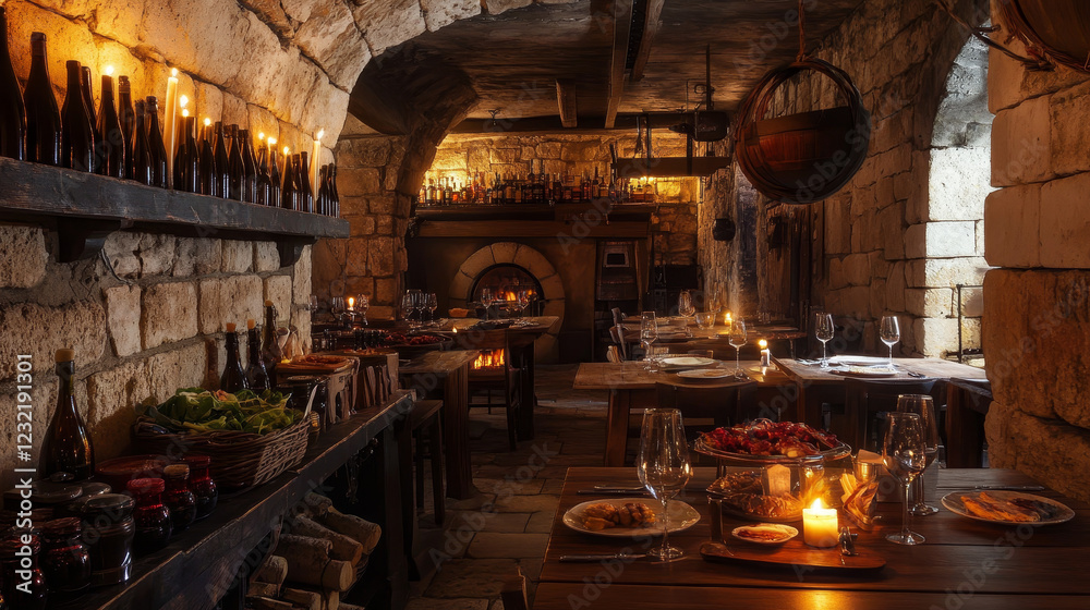 Medieval tavern cartoon vector illustration. Old pub with stone walls ...