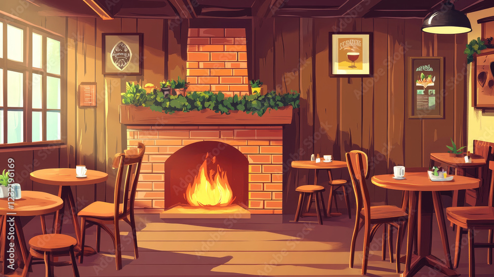 Cozy cafe or restaurant with fireplace and wooden furniture. Vector ...