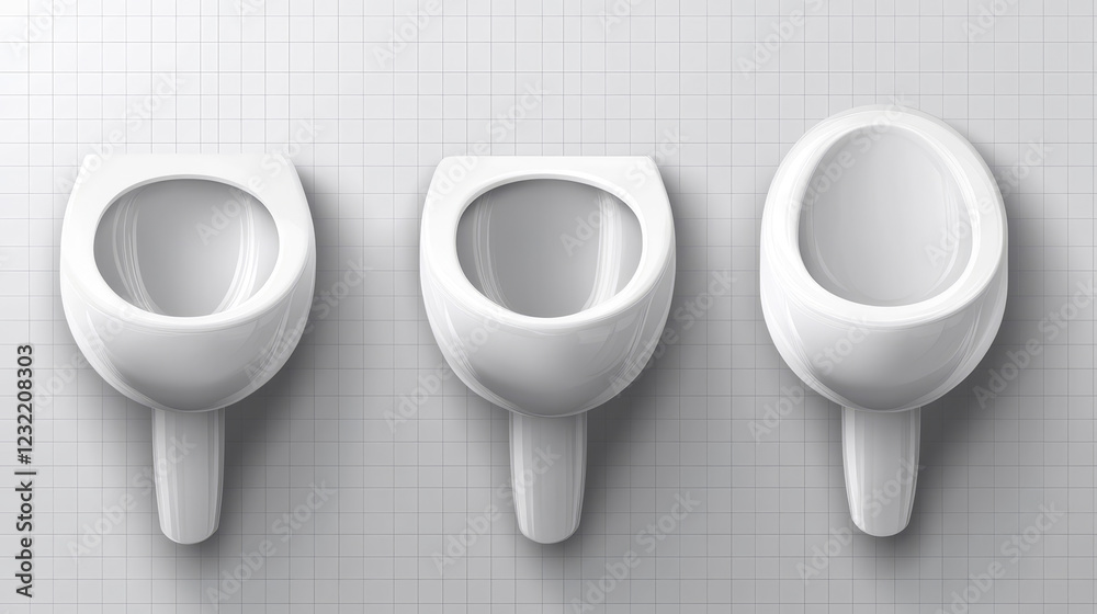 Ceramic wall urinal in male toilet front and side view. Equipment for ...