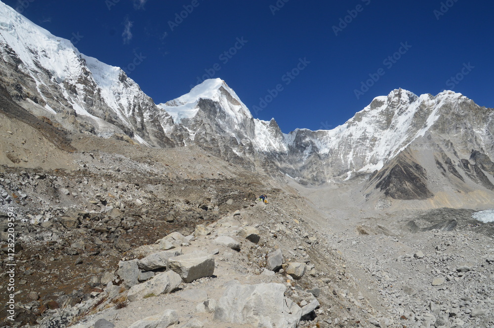 Mount Everest and the Khumbu Icefall Glacier as seen from the valley on ...