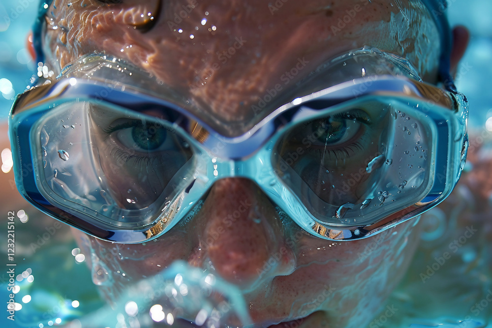 Boy swimmer wearing a red cap, performing a freestyle stroke in a ...