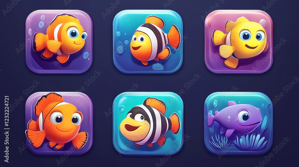 Underwater game ui interface with fish slot icon. Match 3 element with ...