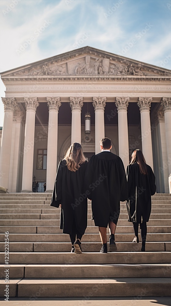 Three law students in graduation gowns ascend the courthouse steps ...